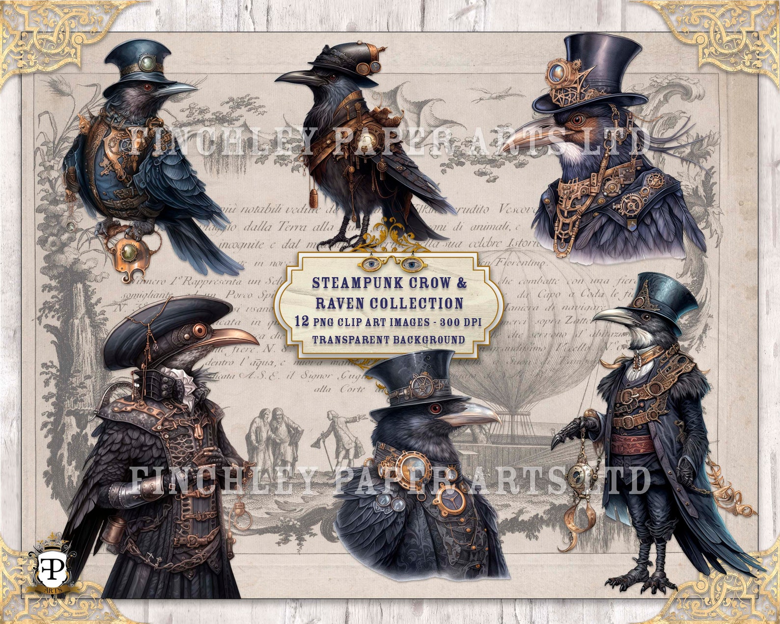 Steampunk Crow & Raven, Crow and Raven Watercolor Clipart, Fairytale ...