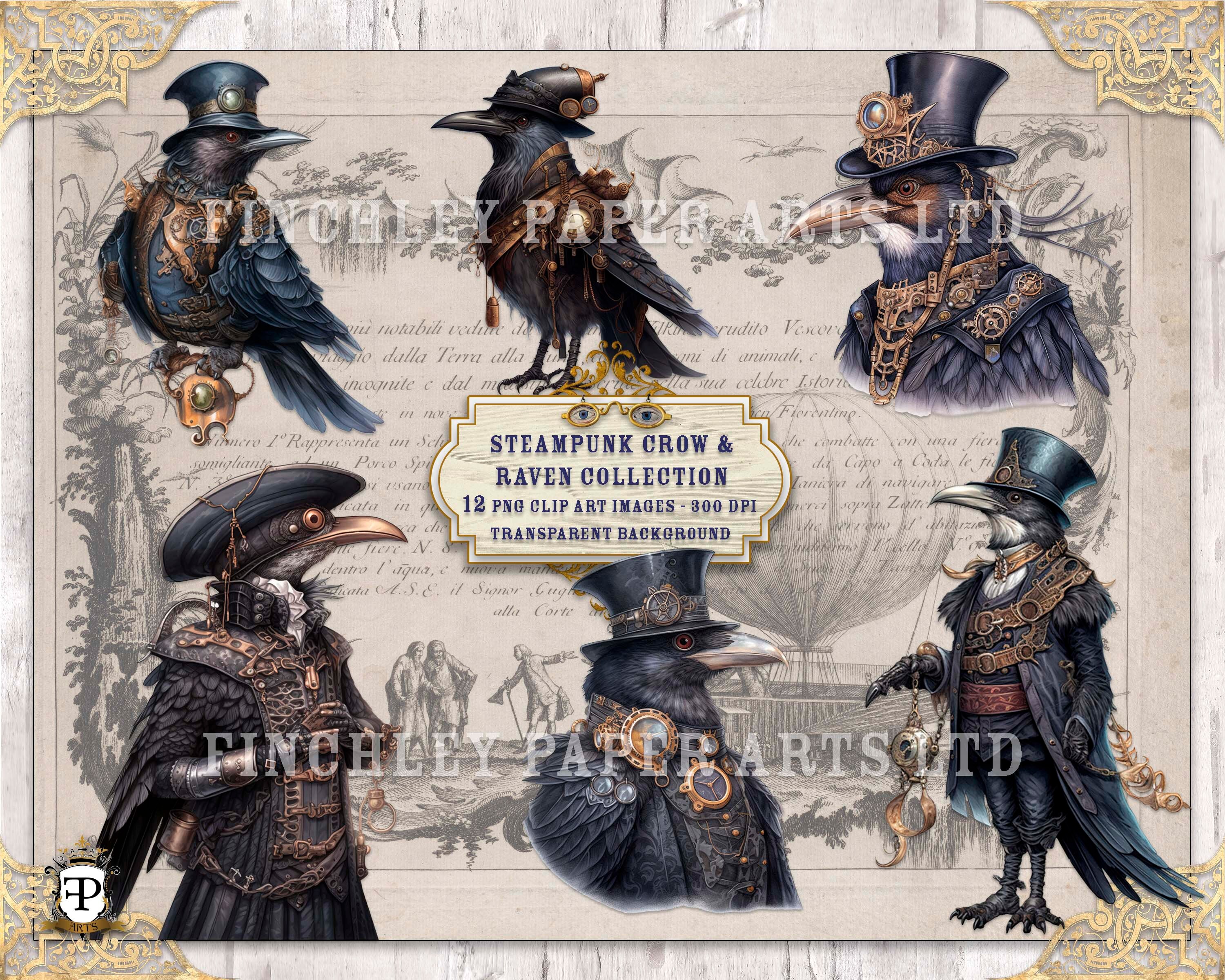 Steampunk Crow & Raven, Crow and Raven Watercolor Clipart, Fairytale ...