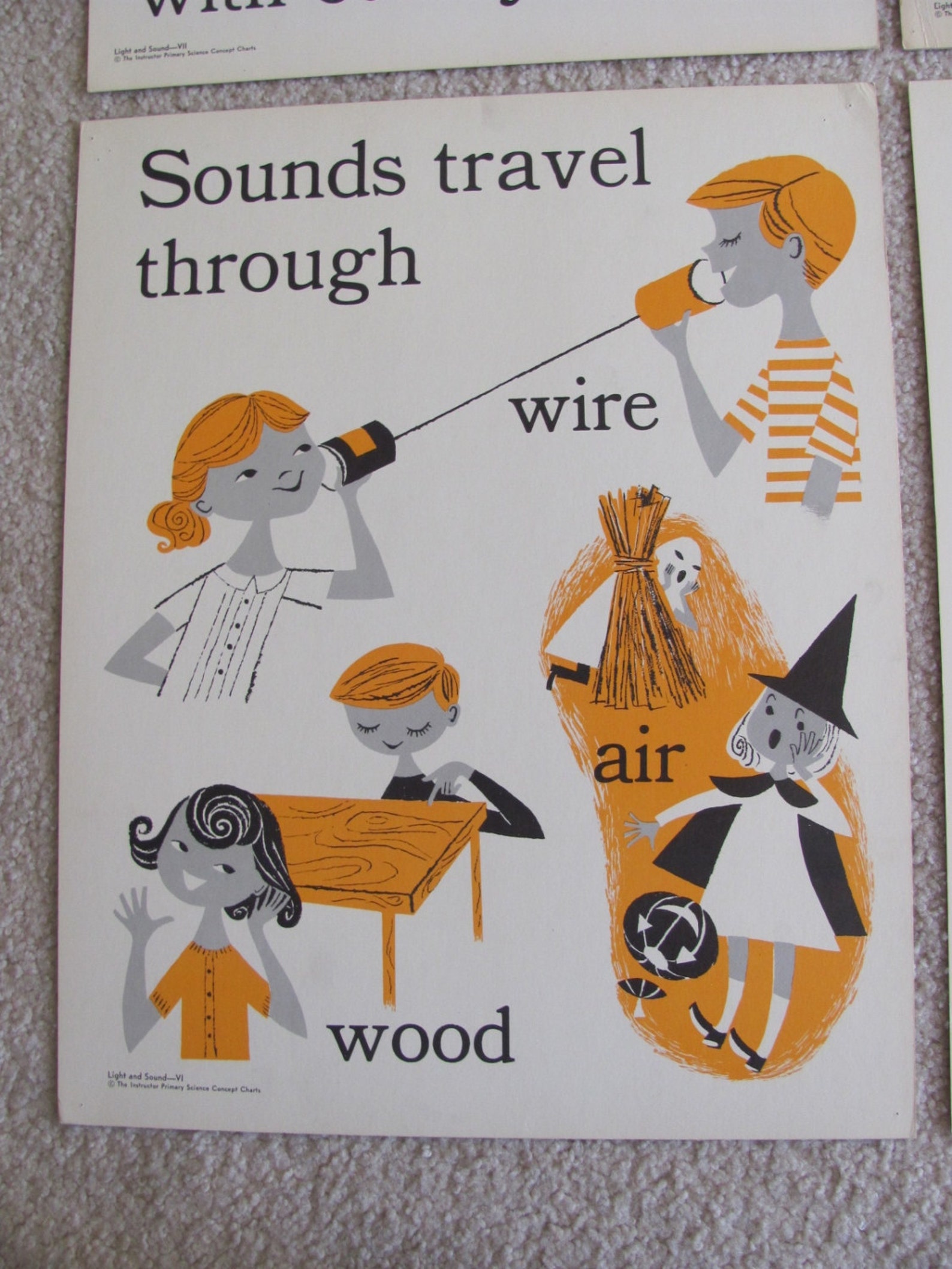 Vintage Illustrated Large Flash Card Science Poster Light Sound -- 11 ...