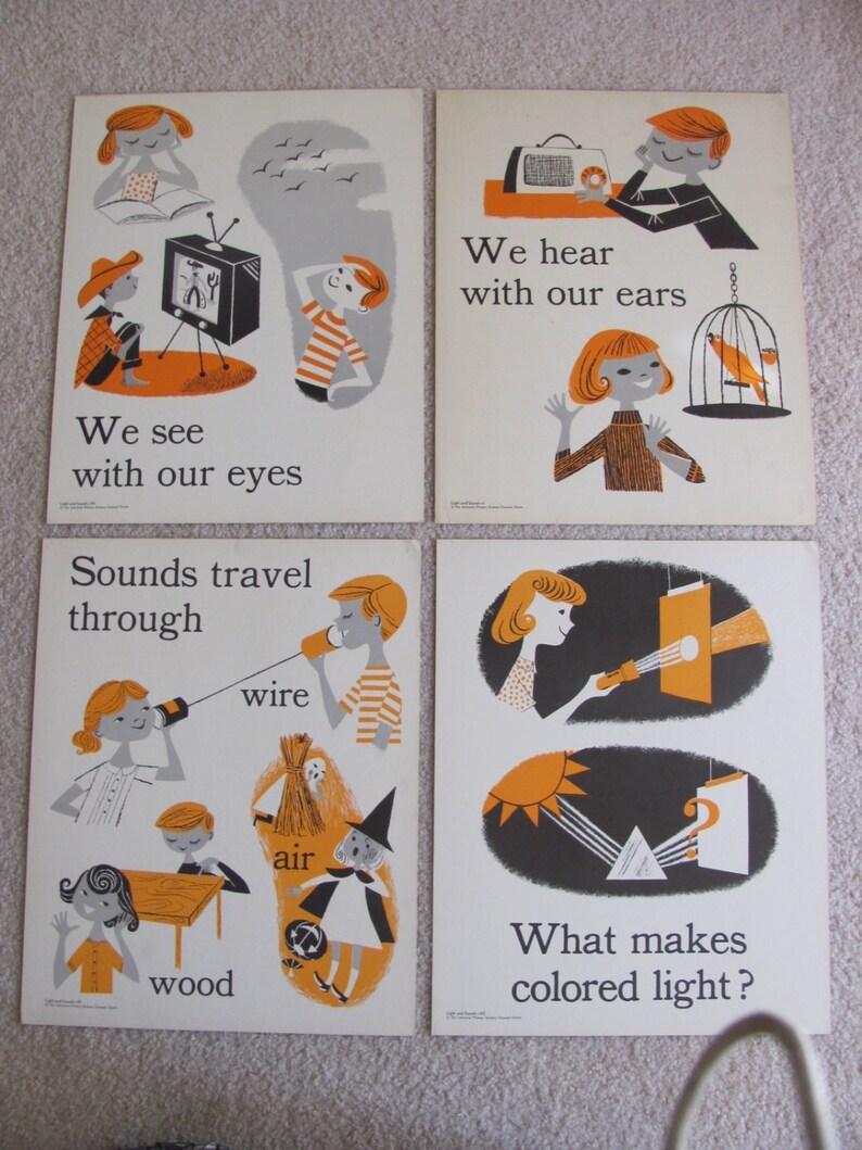 Vintage Illustrated Large Flash Card Science Poster Light Sound -- 11 ...