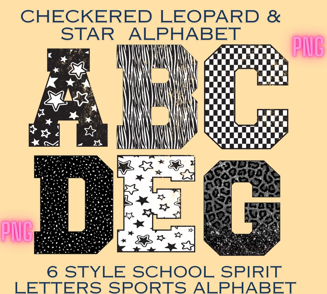 Checker Leopard & Stars Alpha Png, 6 Style School Spirit Letters Png ...