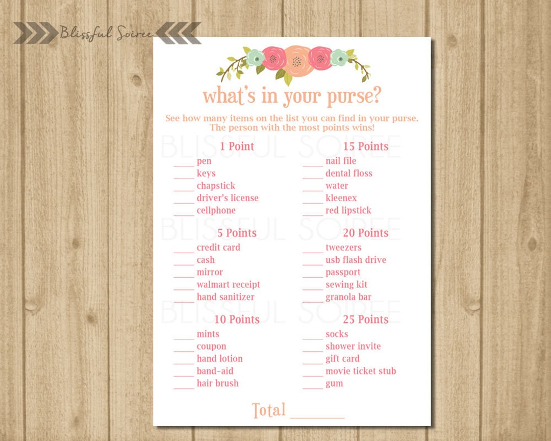 What's in Your Purse Game | Shabby Chic Floral Bridal Shower Purse Game ...