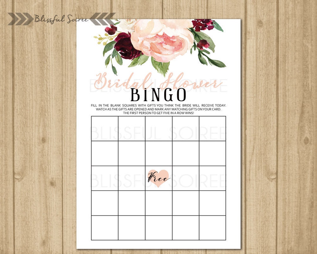 Bridal Shower Bingo Game | Bridal Shower Game | Printable | Burgundy ...