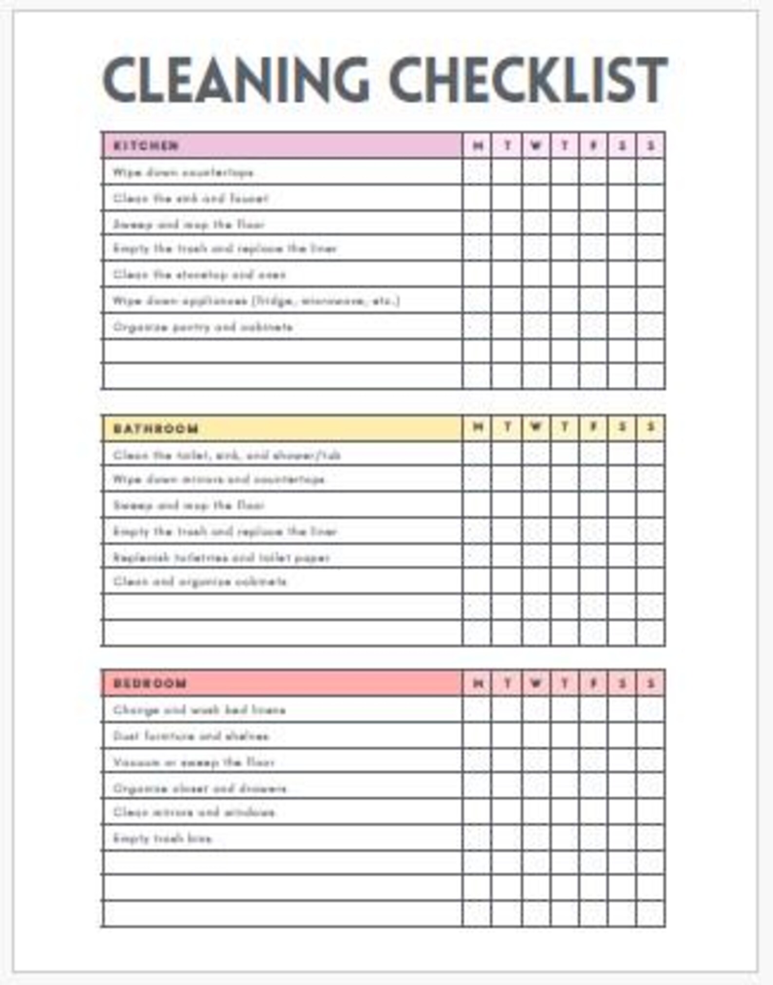 Cleaning Checklist Printable | Weekly Home Cleaning Schedule Editable ...