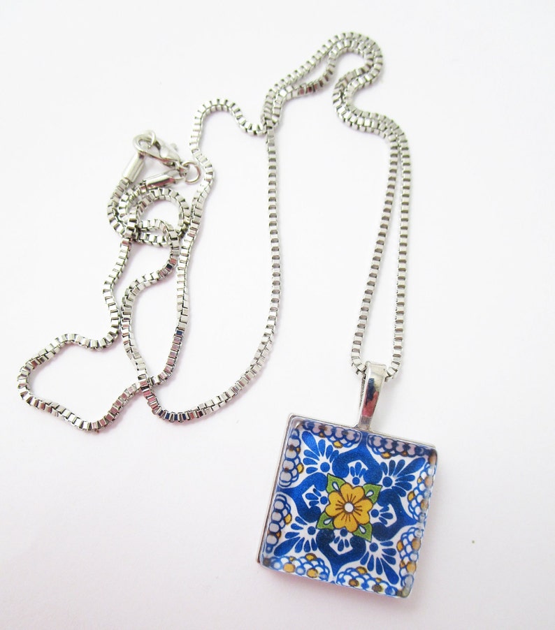 Mexican Talavera Tile Design Glass Pendant Necklace Box Chain Boho Folk ...