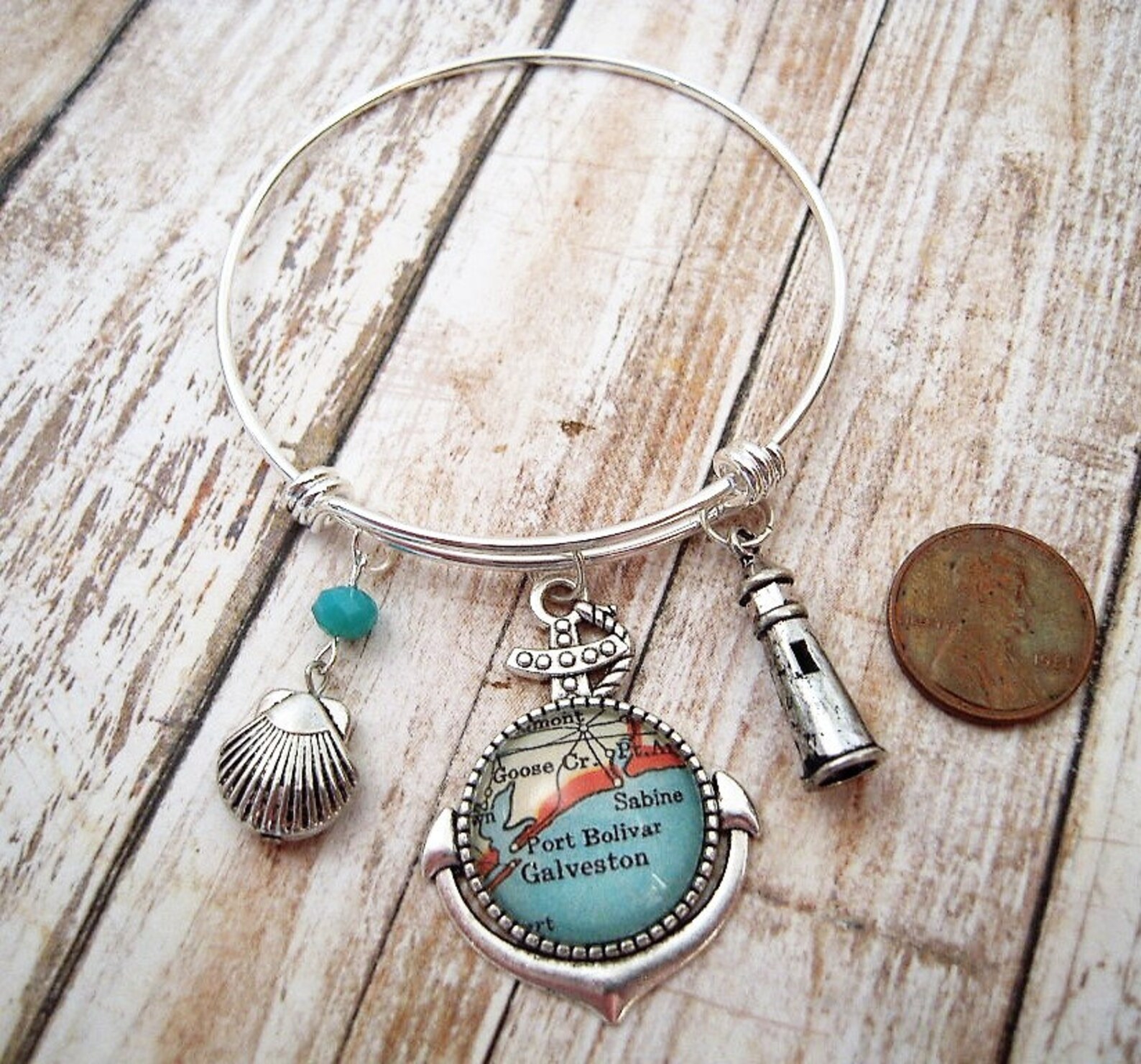 Custom Map Charm Bracelet You Pick City Galveston Texas Pt | Etsy