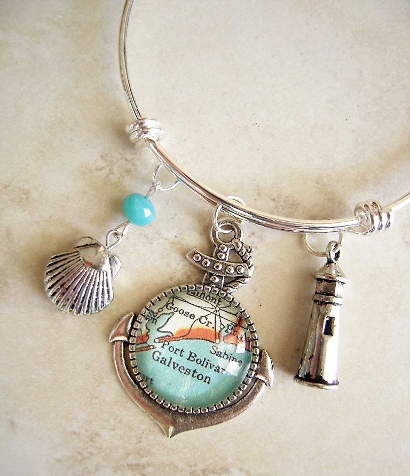 Custom Map Charm Bracelet You Pick City Galveston Texas Pt | Etsy