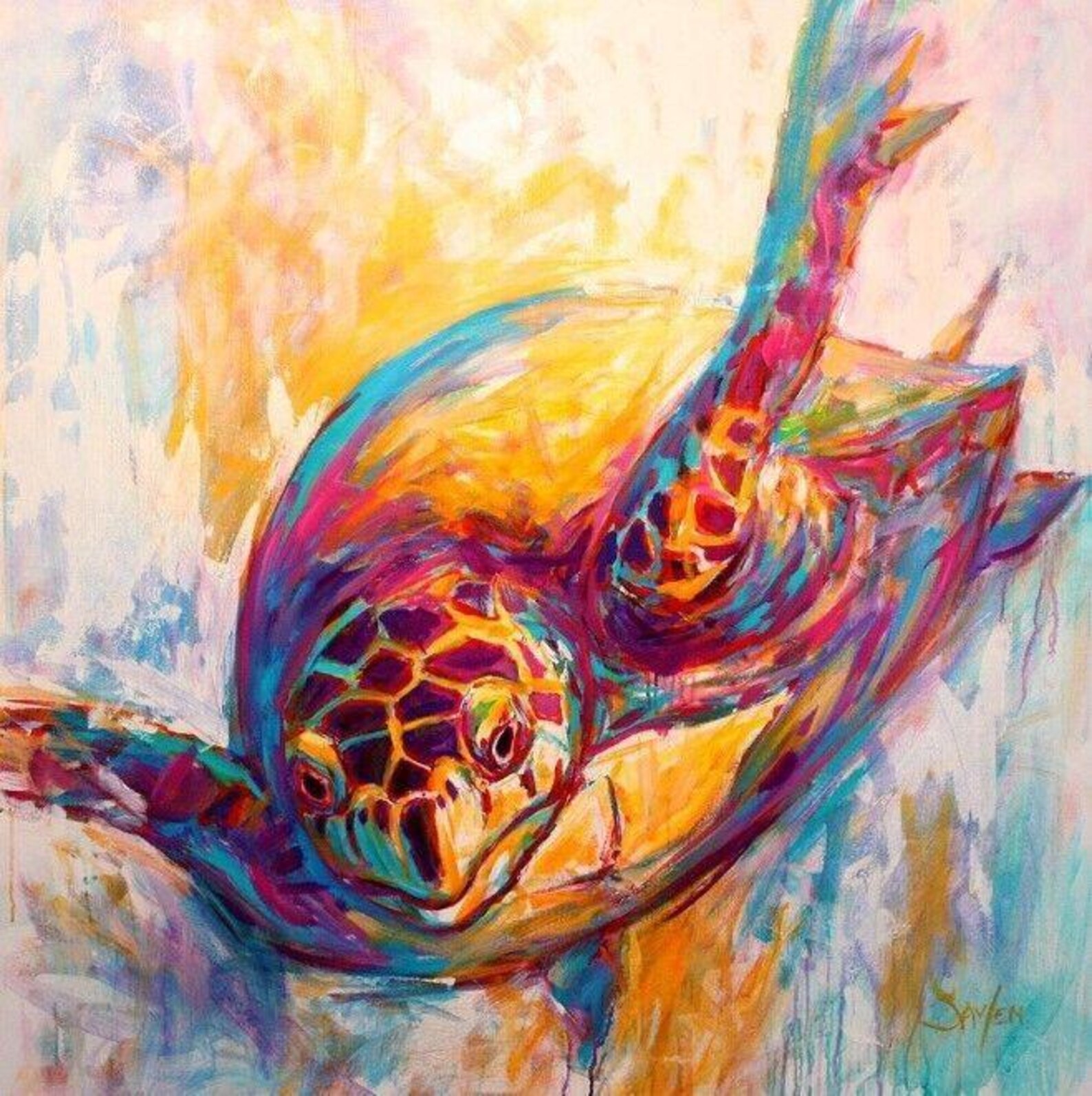 Savlen Contemporary Coastal Sea TURTLE Art XL OOAK Unique Signed ...