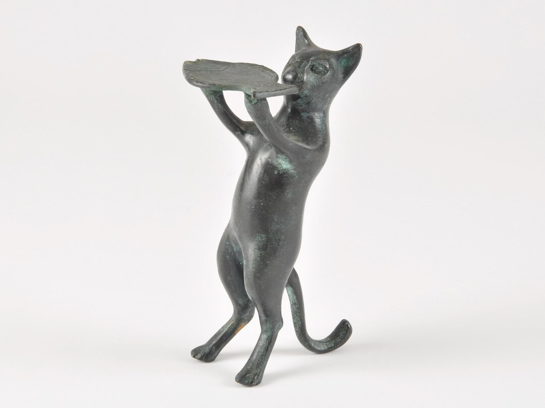 Home Decor-vintage Cat Butler Statue Fish Dish-cast Bronze Business ...