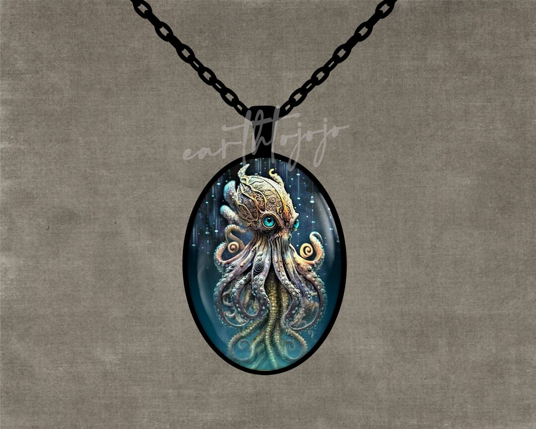Octopus Sea Creature Black Plated Medium Oval Glass Top Pendant With ...