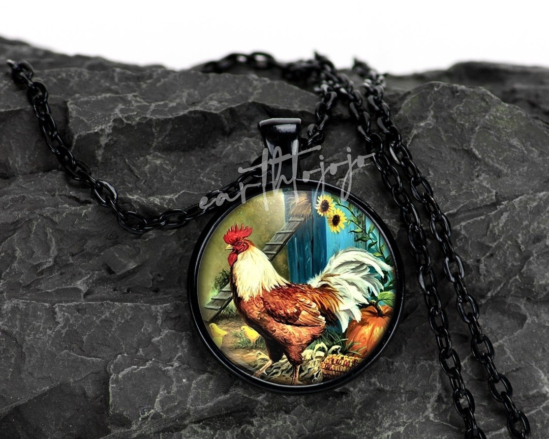 Chickens and Roosters Barnyard Friends Black Pendant Necklace Setting ...