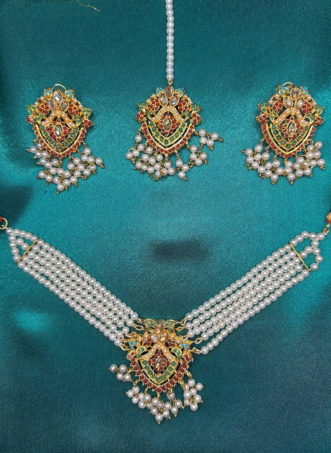 Pakistani Jewellery Set || Colourful Necklace, Earrings and Tikka - Etsy UK