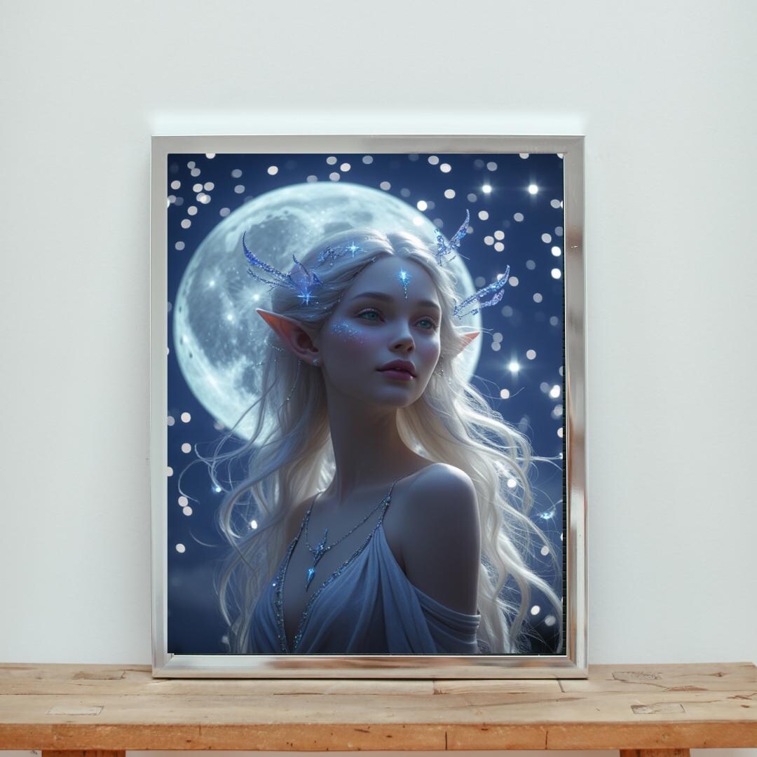 Night Goddess Elf, Moon and Stars, Downloadable Digital Art - Etsy