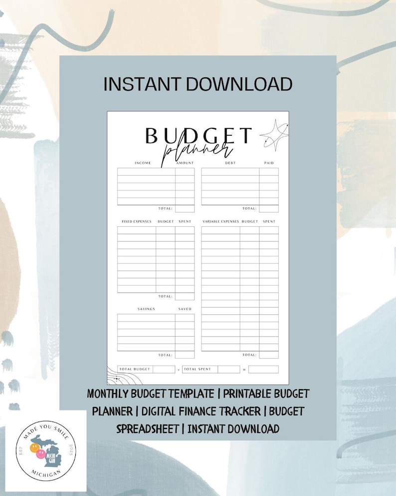 Printable Monthly Budget Planner: Finance Tracker, Savings Goals (PDF ...