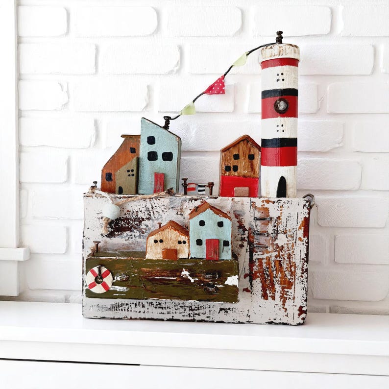 Coastal Driftwood Lighthouse Decor – Handmade Nautical Miniature Village – Rustic Beach House ...
