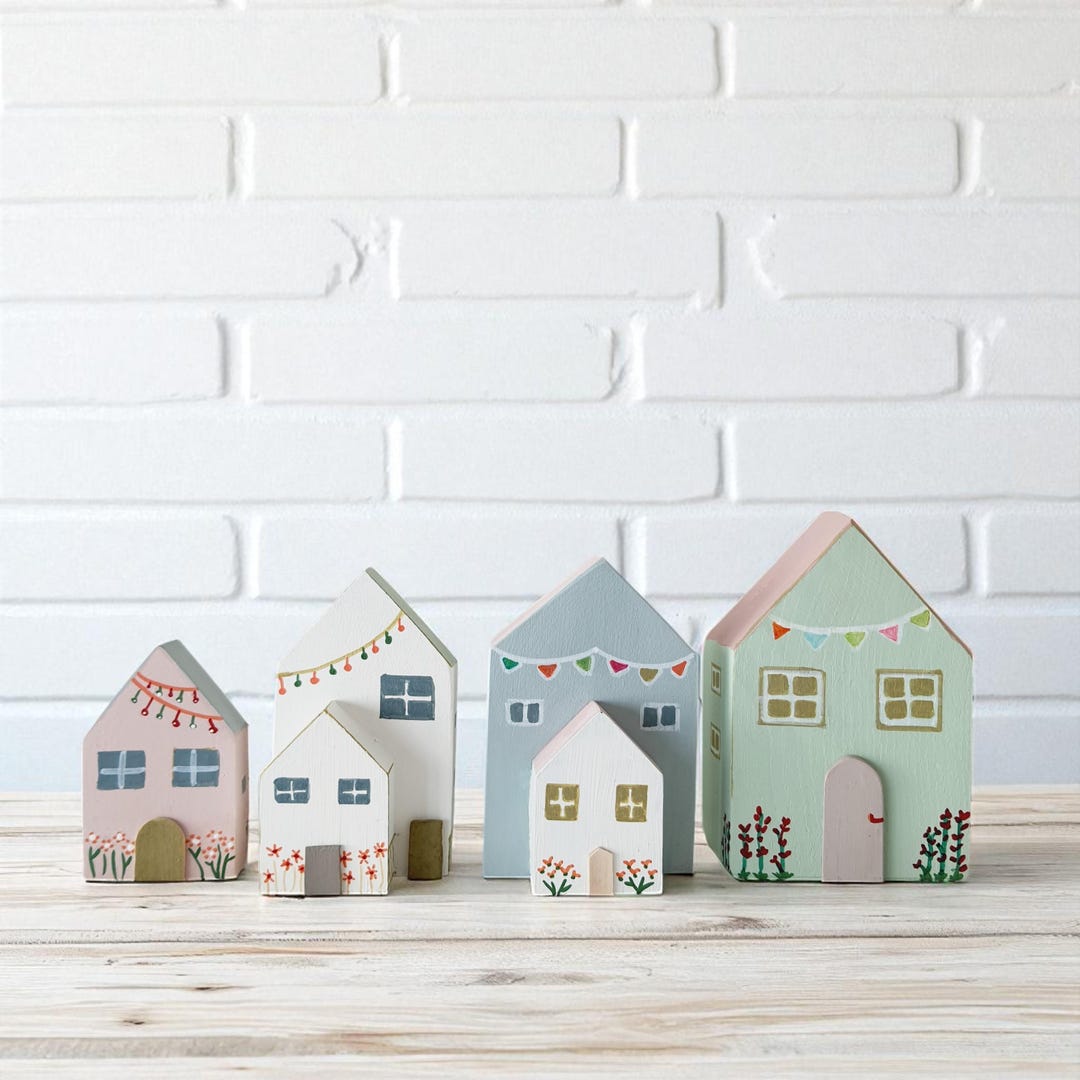 Wooden Tiny 3D Houses : Hand Painted Pastel Nursery Decor Whimsical ...