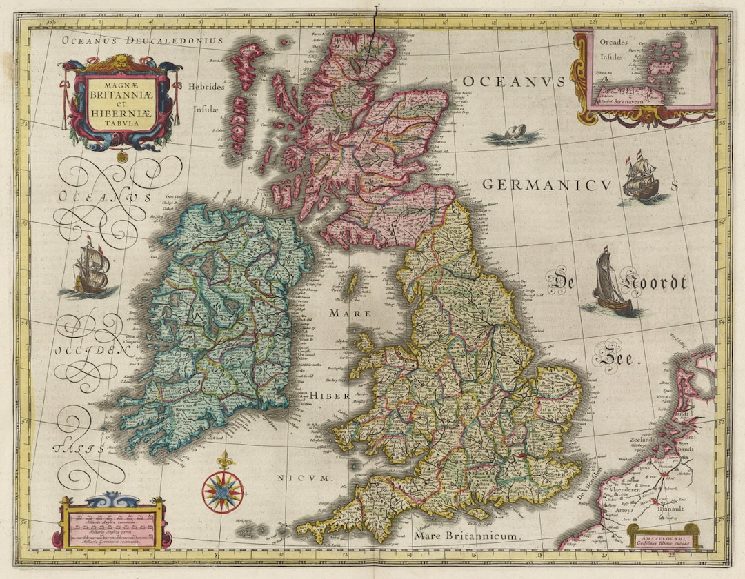 Color Vintage Map of Great Britain, 17th Century, Fine Art Reproduction ...