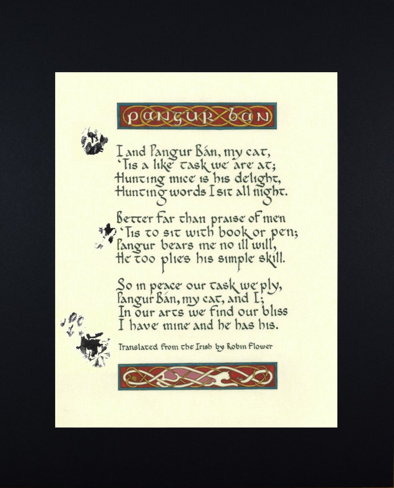 Cat Poem In Calligraphy Fine Art Print // Pangur Ban Irish Poem ...