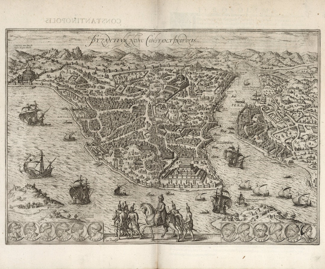 Historical Map of Constantinople, Istanbul, Byzantium, 16th Century ...