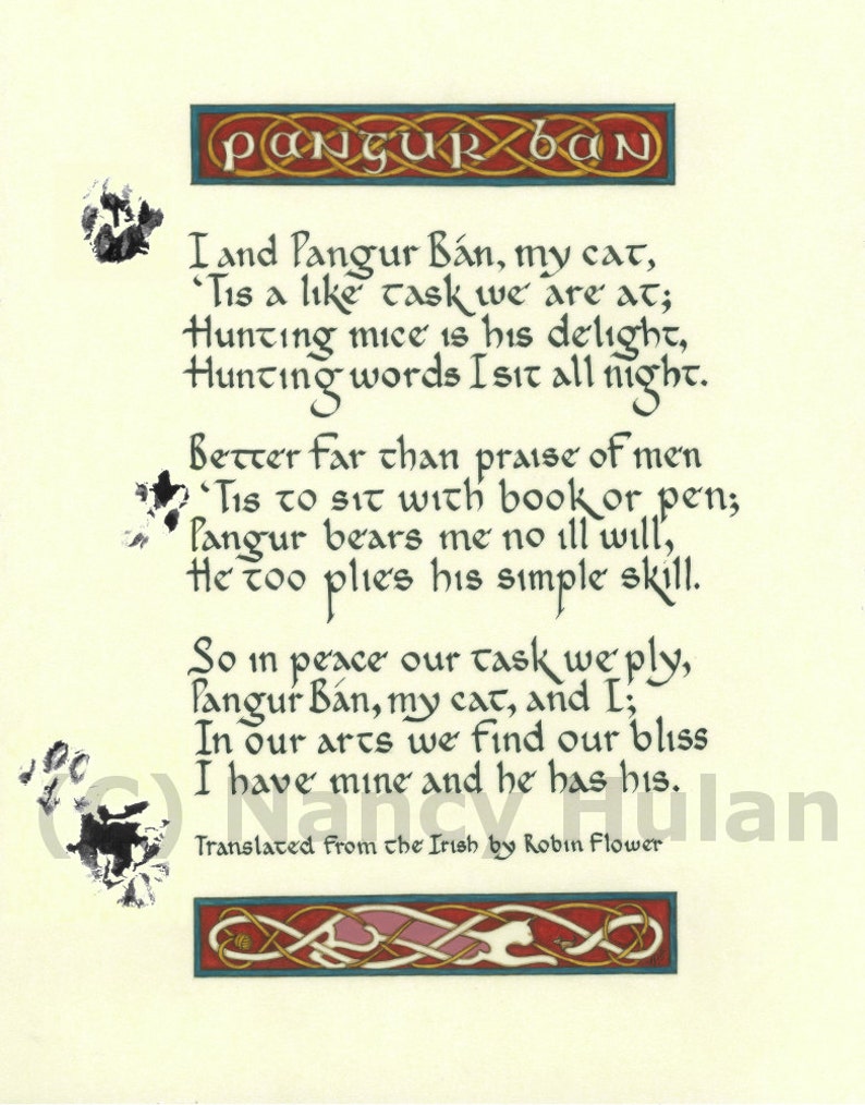 Cat Poem in Calligraphy Fine Art Print // Pangur Ban Irish - Etsy