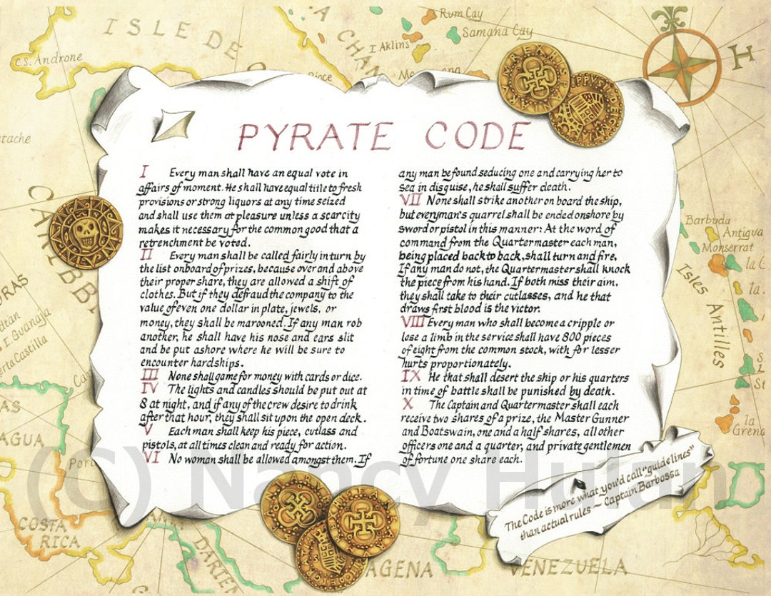 Pirate Code With Pirate Map of the Caribbean and Pieces of Eight - Etsy