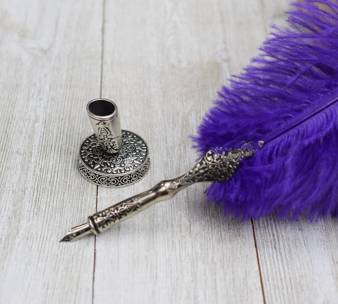 Ostrich Feather Quill Pen Set, Ornate Metal Stand, Calligraphy Wedding ...