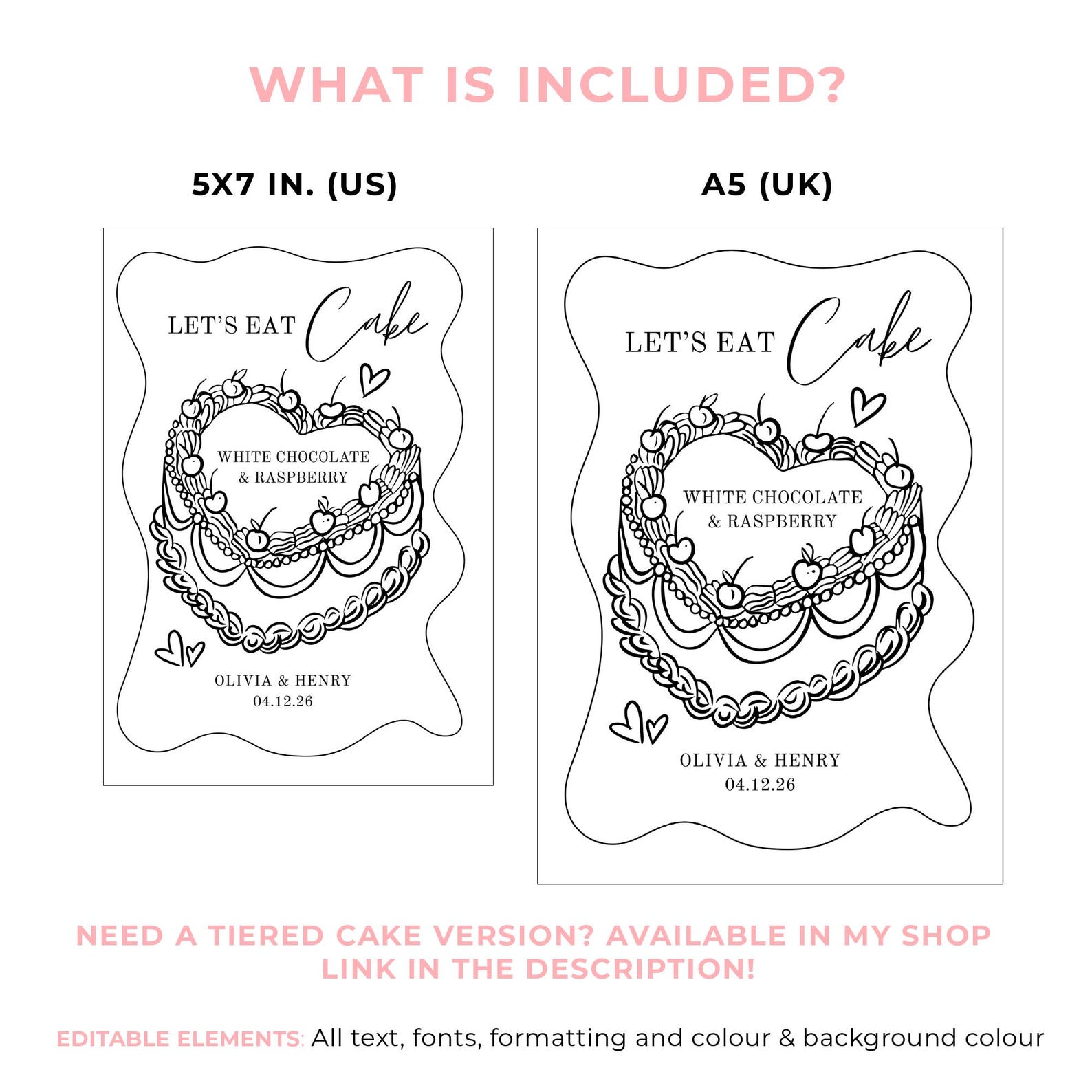 Hand-drawn Heart Wedding Cake Menu Sign: Editable Flavor Display ...