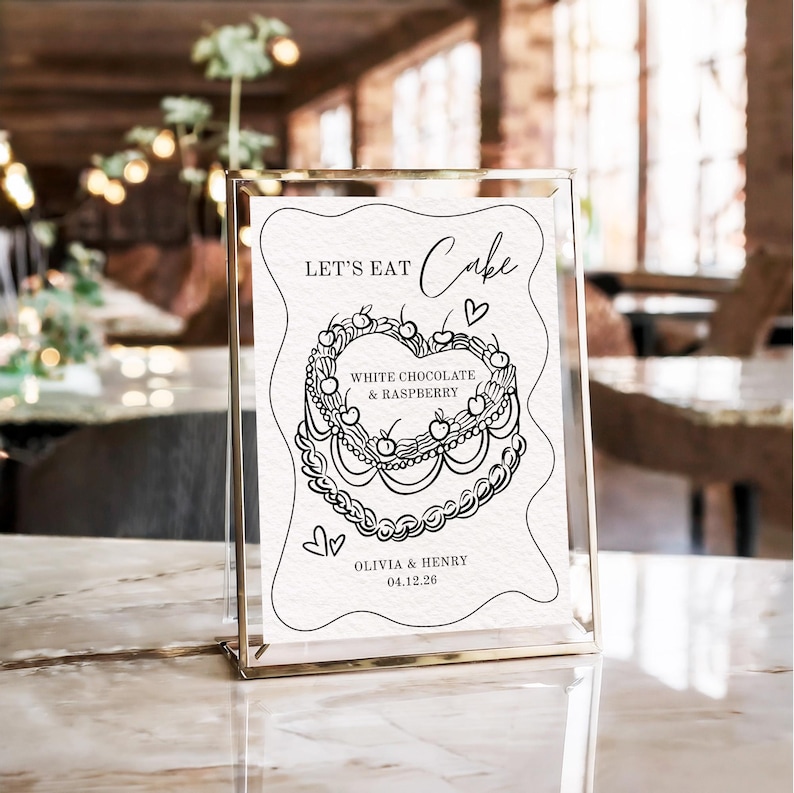 Hand-drawn Heart Wedding Cake Menu Sign: Editable Flavor Display ...