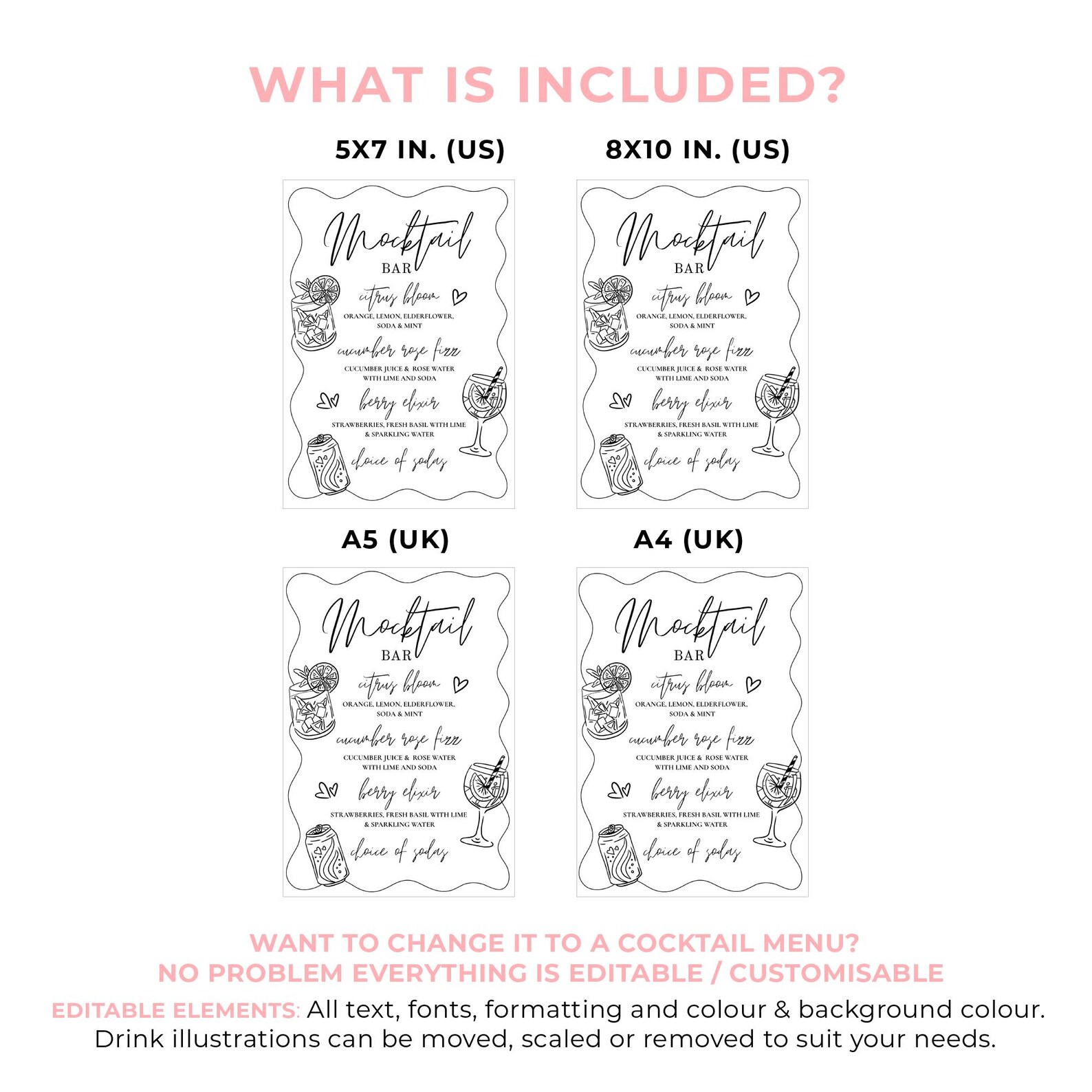 Minimalist Wedding Bar Sign: Mocktail Menu, Line Art (digital Download ...