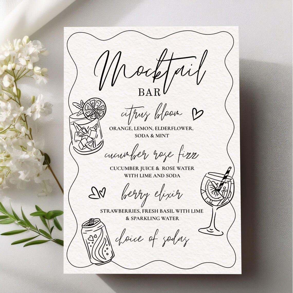 Minimalist Wedding Bar Sign: Mocktail Menu, Line Art (digital Download ...