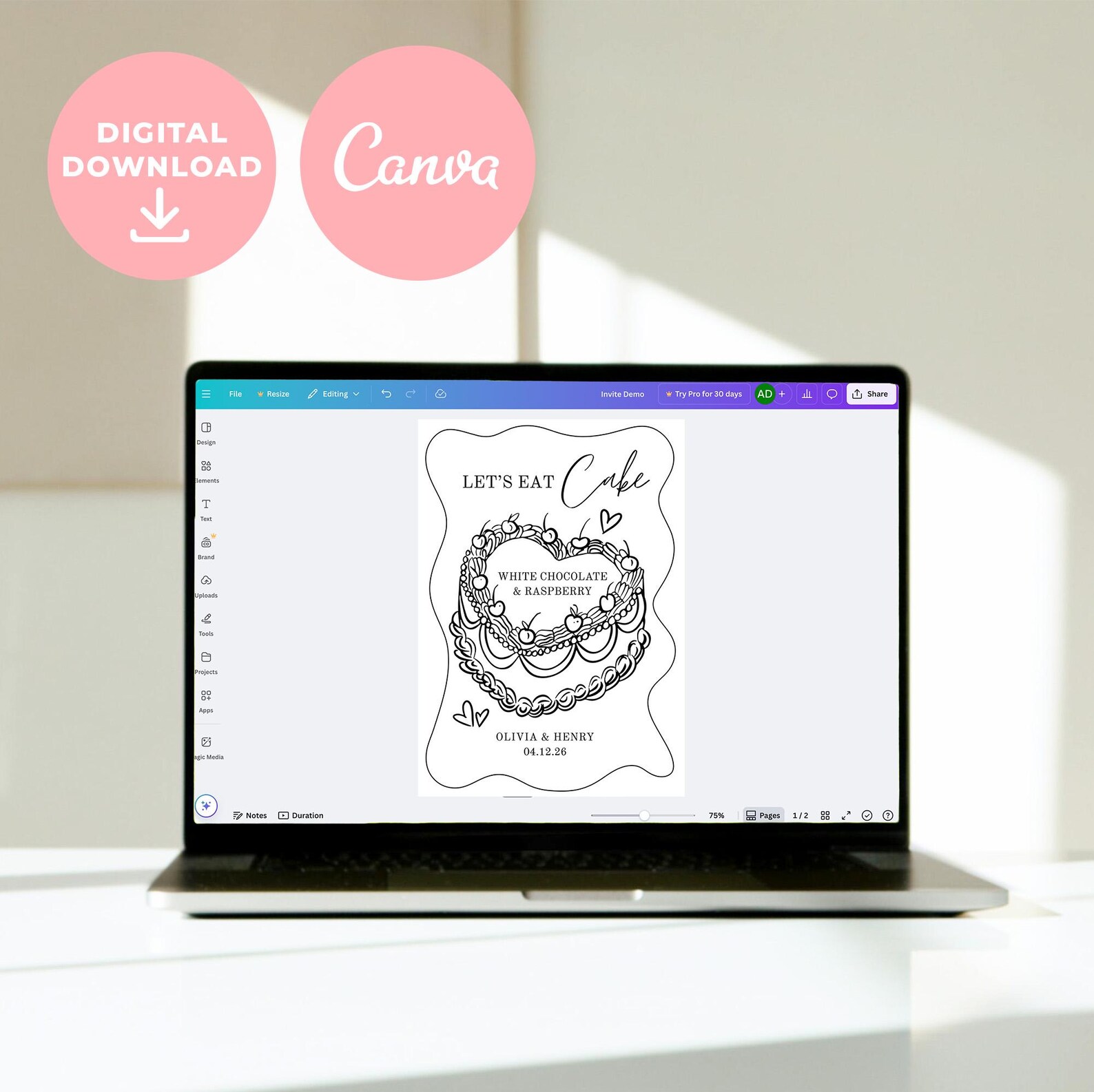 Hand-drawn Heart Wedding Cake Menu Sign: Editable Flavor Display ...