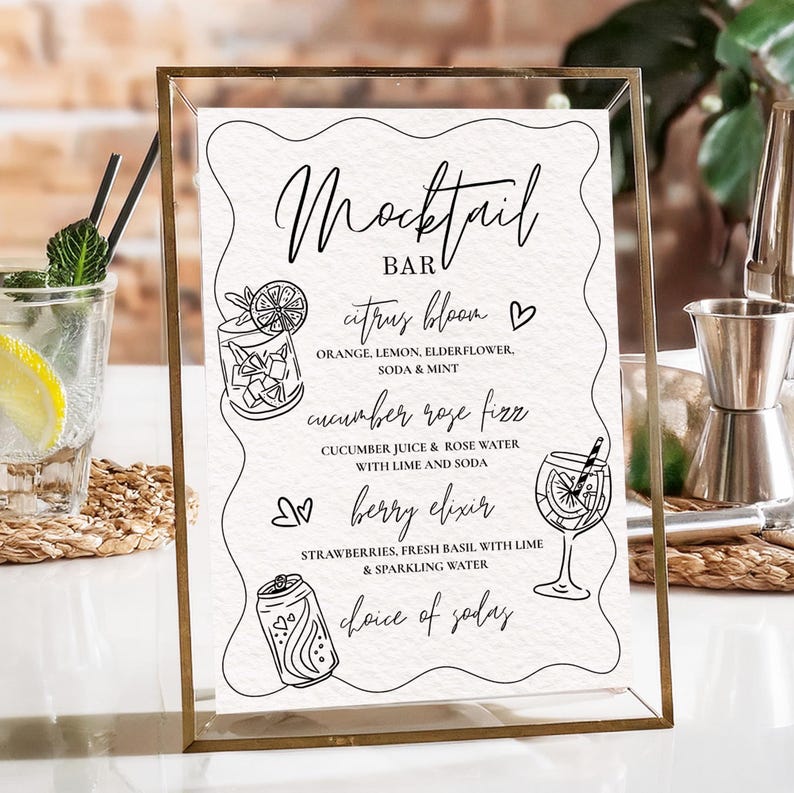 Minimalist Wedding Bar Sign: Mocktail Menu, Line Art (digital Download ...