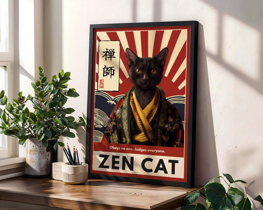 Black Cat Zen Poster, Digital Download, Japanese Style Cat Art, Funny ...