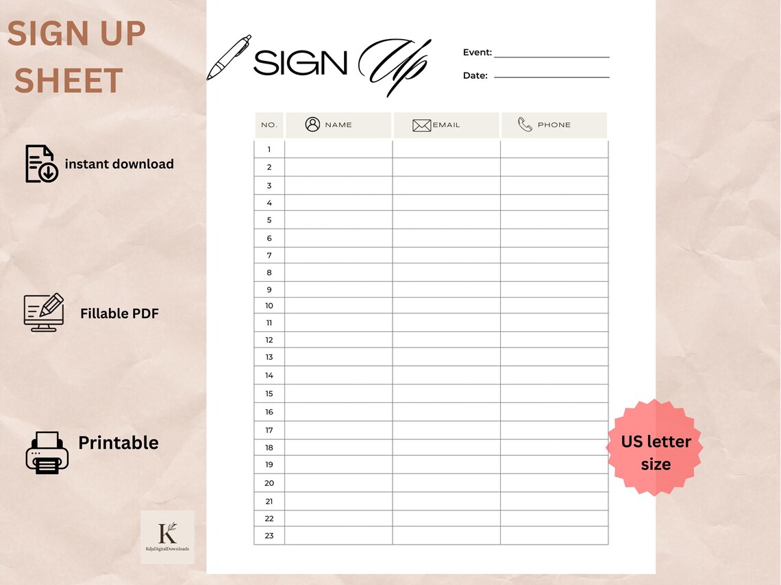 Printable Sign up Sheet: Event Attendance, Volunteer List (digital ...