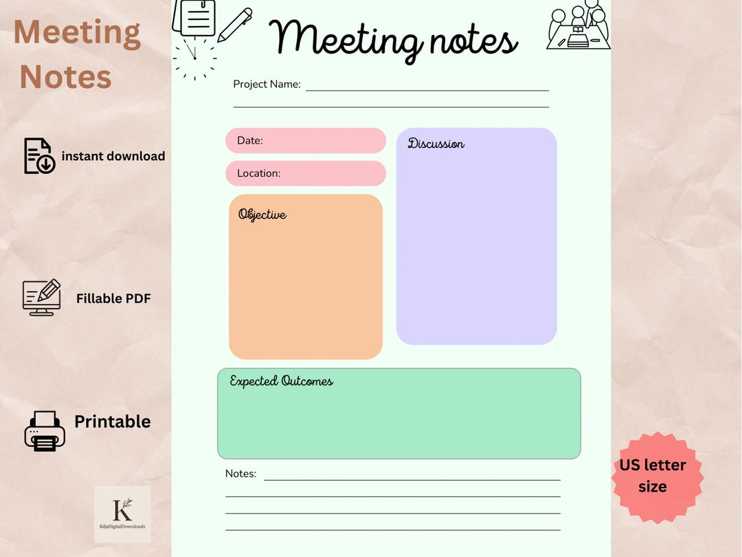 Modèle de notes de réunion : PDF imprimable à remplir (format US Letter ...