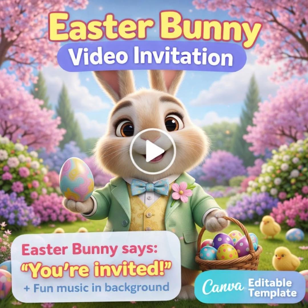 Easter Bunny Video Invitation | Editable Canva Template - Etsy