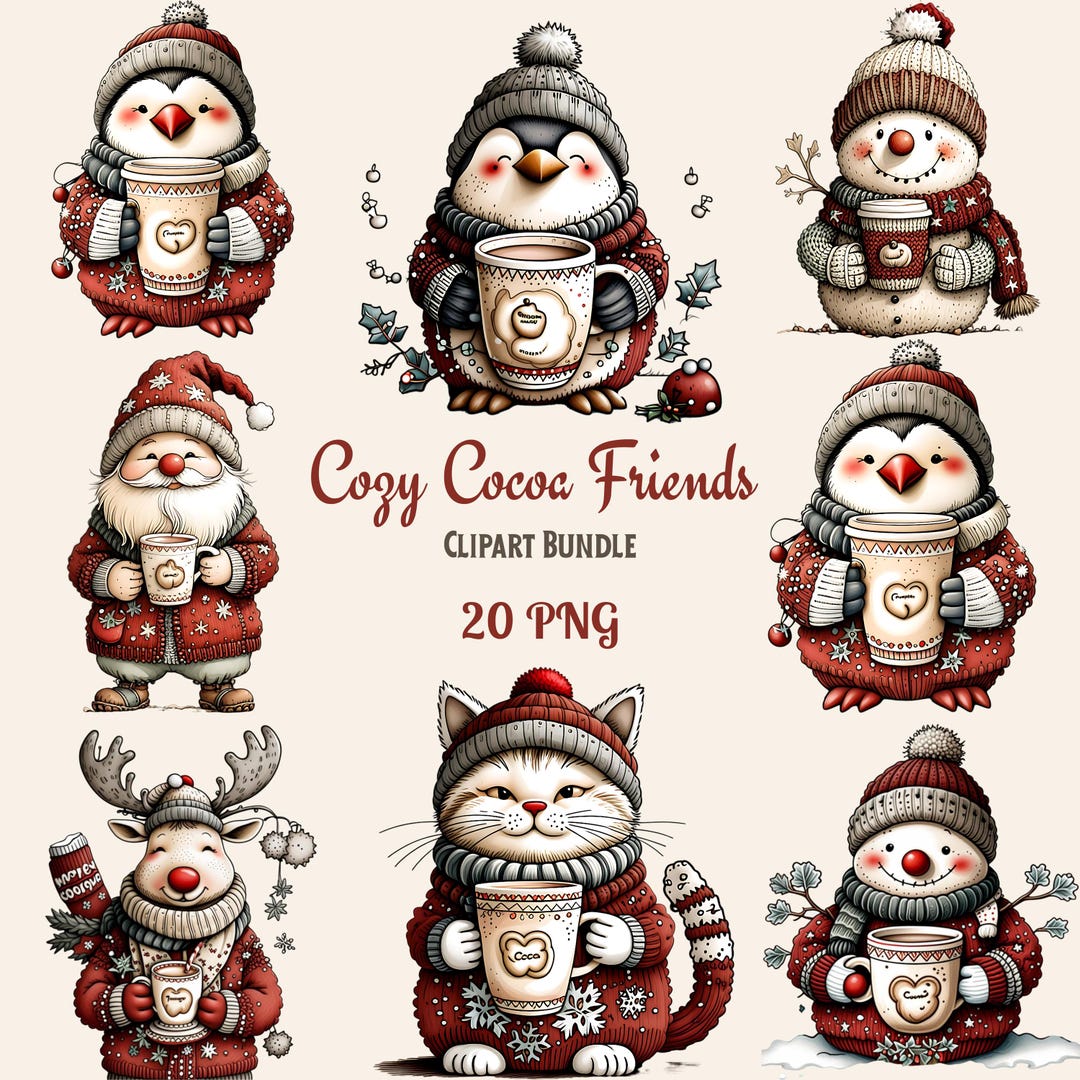 Winter Animals Hot Chocolate Clipart Bundle: Santa, Penguin, Snowman ...