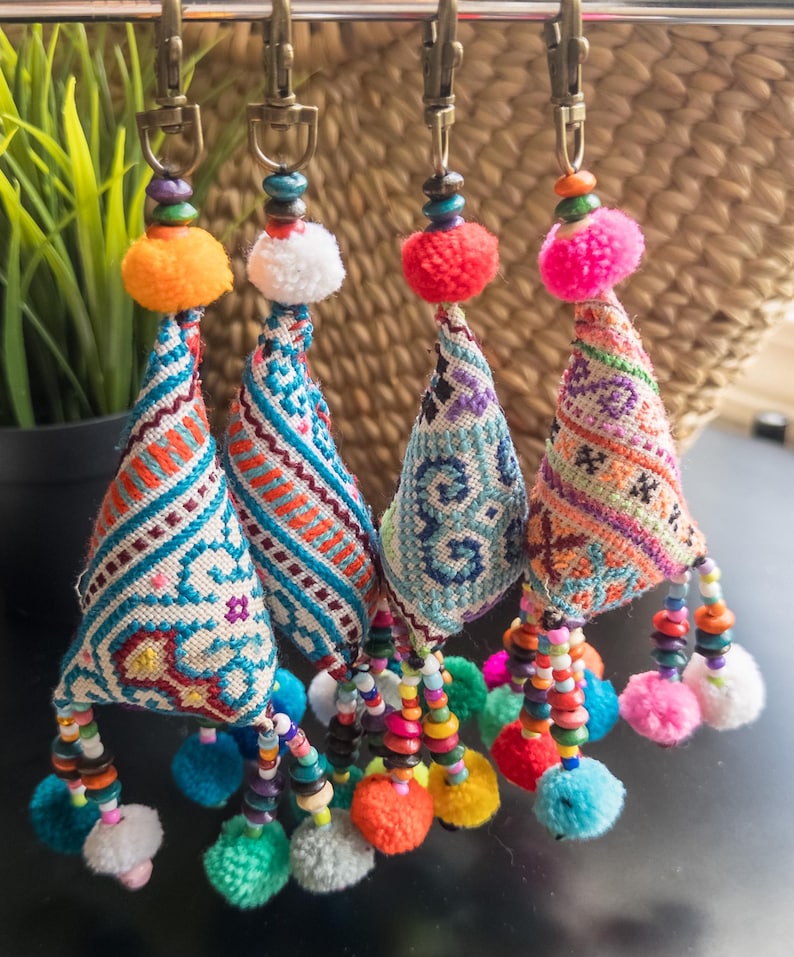 Tribal Embroidered Keychain: Boho Pom Pom Bag Charm With Jingles - Etsy