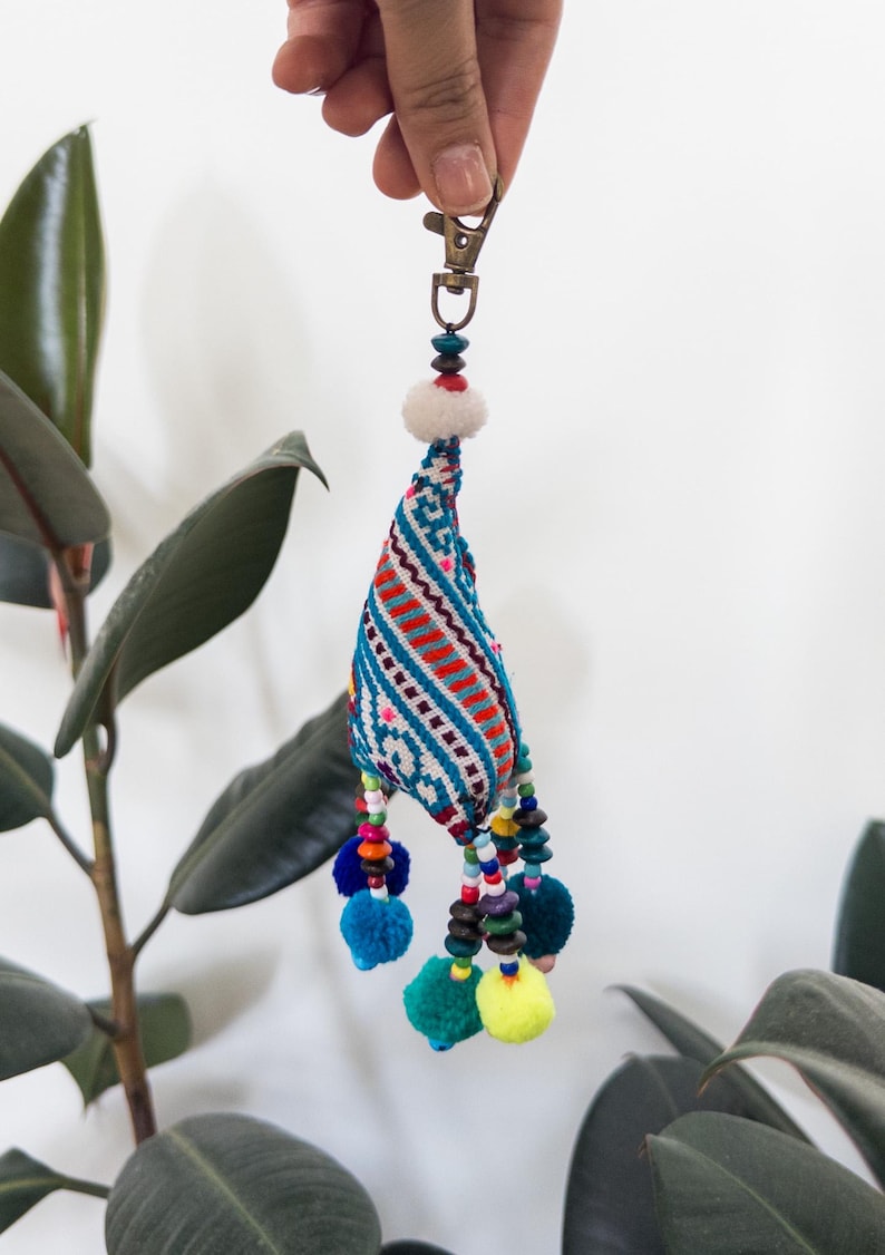 Tribal Embroidered Keychain: Boho Pom Pom Bag Charm With Jingles - Etsy