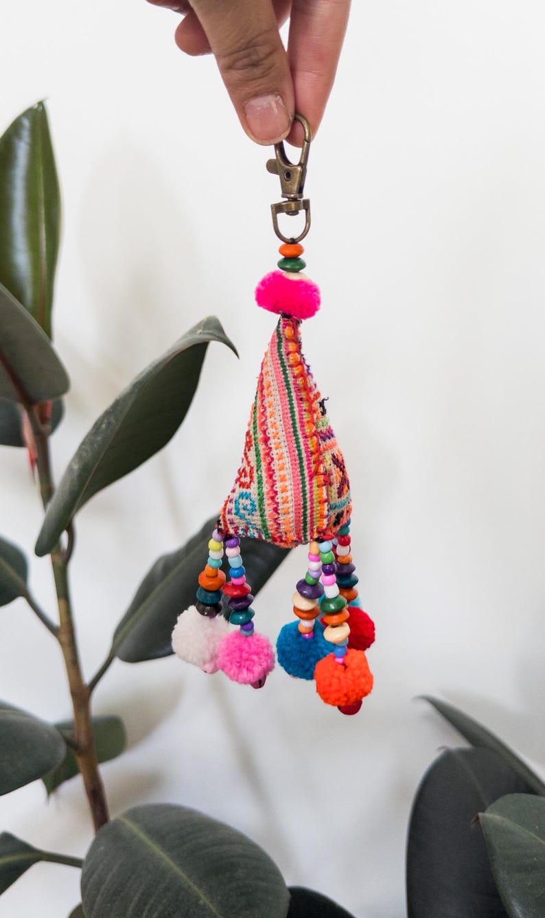 Tribal Embroidered Keychain: Boho Pom Pom Bag Charm With Jingles - Etsy