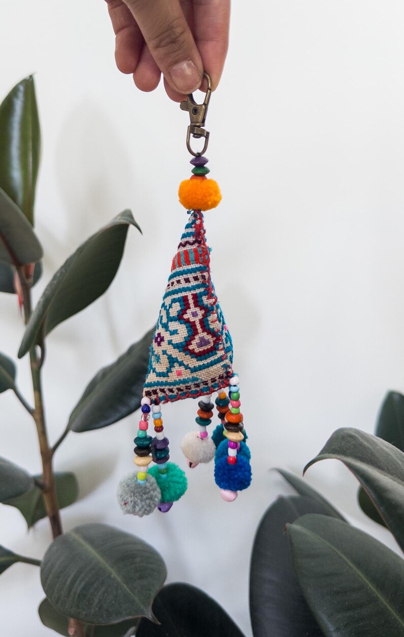 Tribal Embroidered Keychain: Boho Pom Pom Bag Charm With Jingles - Etsy