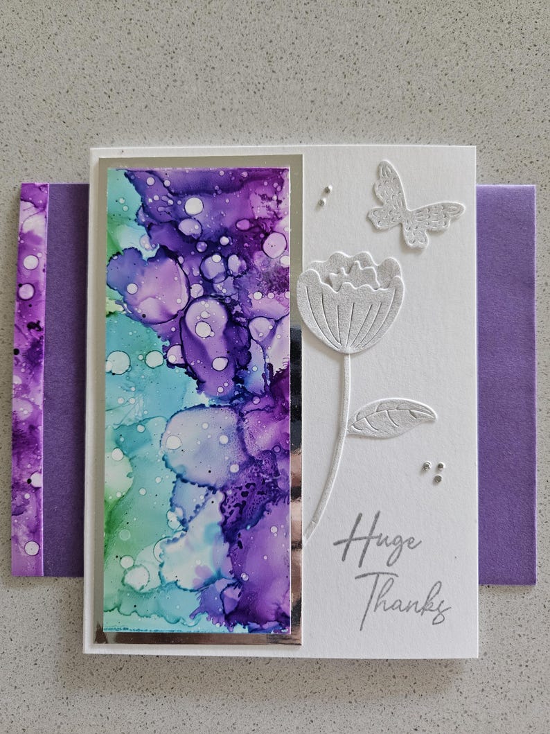Handmade Alcohol Ink Thank You Cards: Silver Flowers, Butterflies - Set ...