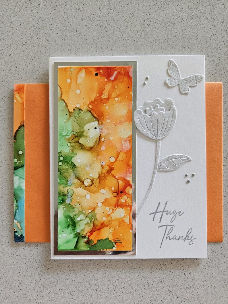 Handmade Alcohol Ink Thank You Cards: Silver Flowers, Butterflies - Set ...