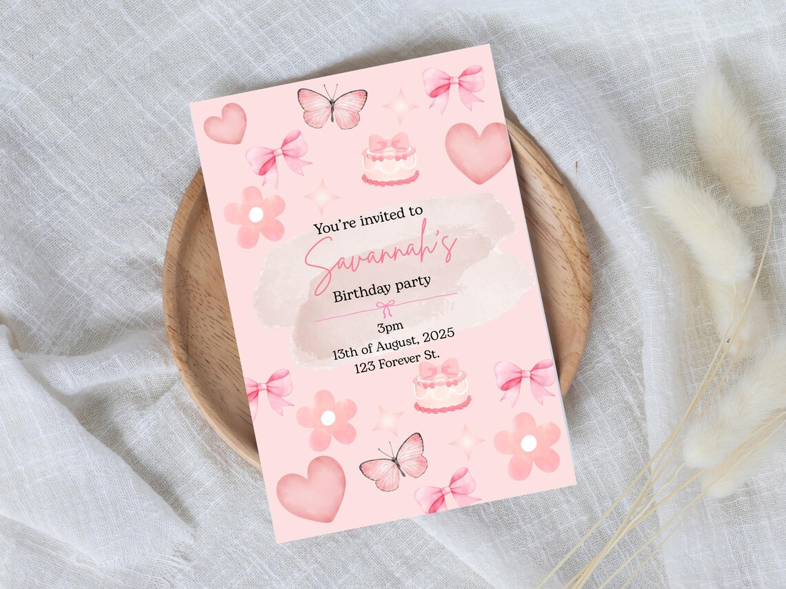 Pink Girly Birthday Invitation | Editable Butterfly & Bow Party Invite ...