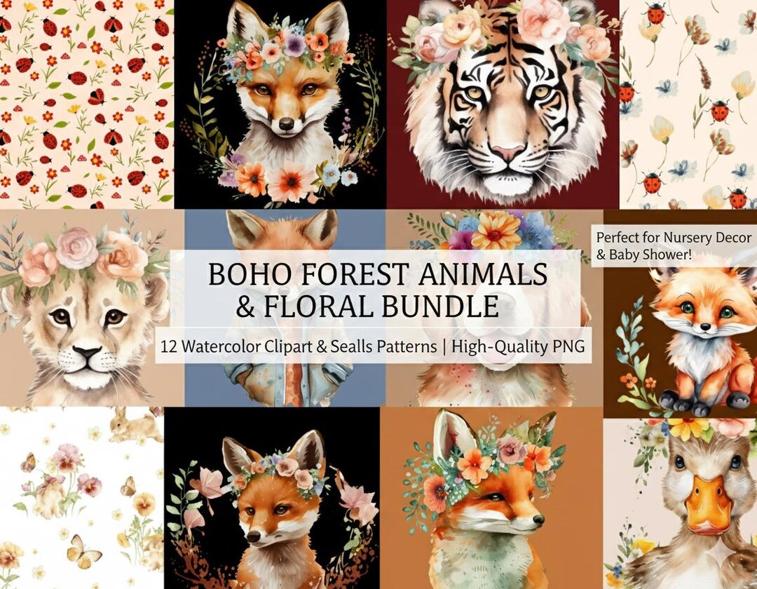 Boho Forest Animals Watercolor Clipart Set12 High Quality Jpg,nursery ...