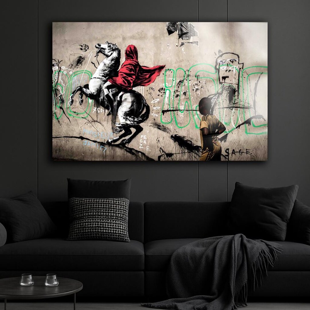 Graffiti Horse Rider Art, Red Cloak Street Art Print on Glass, Urban ...