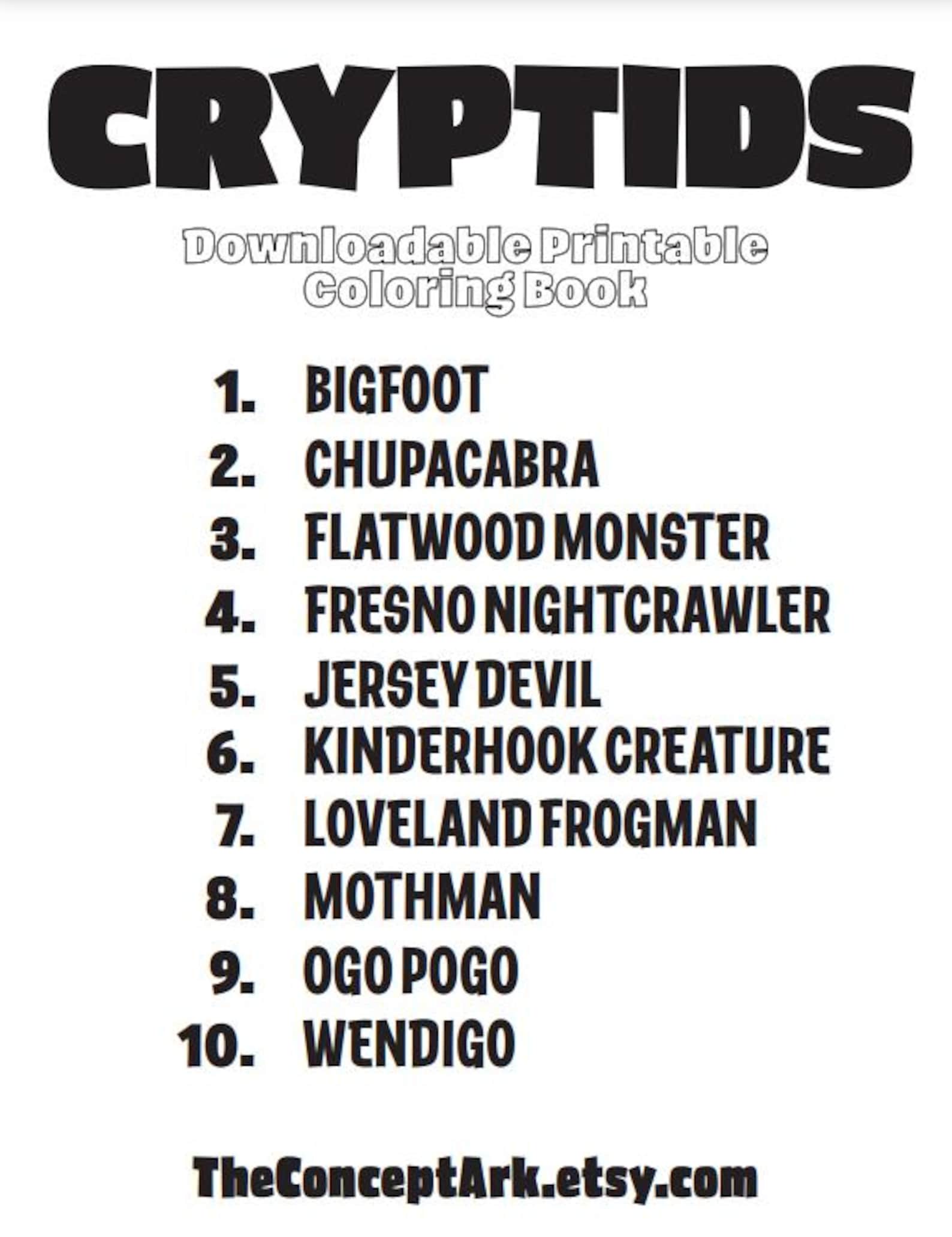 CRYPTIDS American Folklore Coloring Book 10pg - Downloadable Printable ...