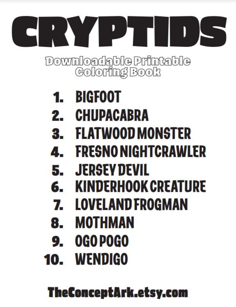 CRYPTIDS American Folklore Coloring Book 10pg - Downloadable Printable ...