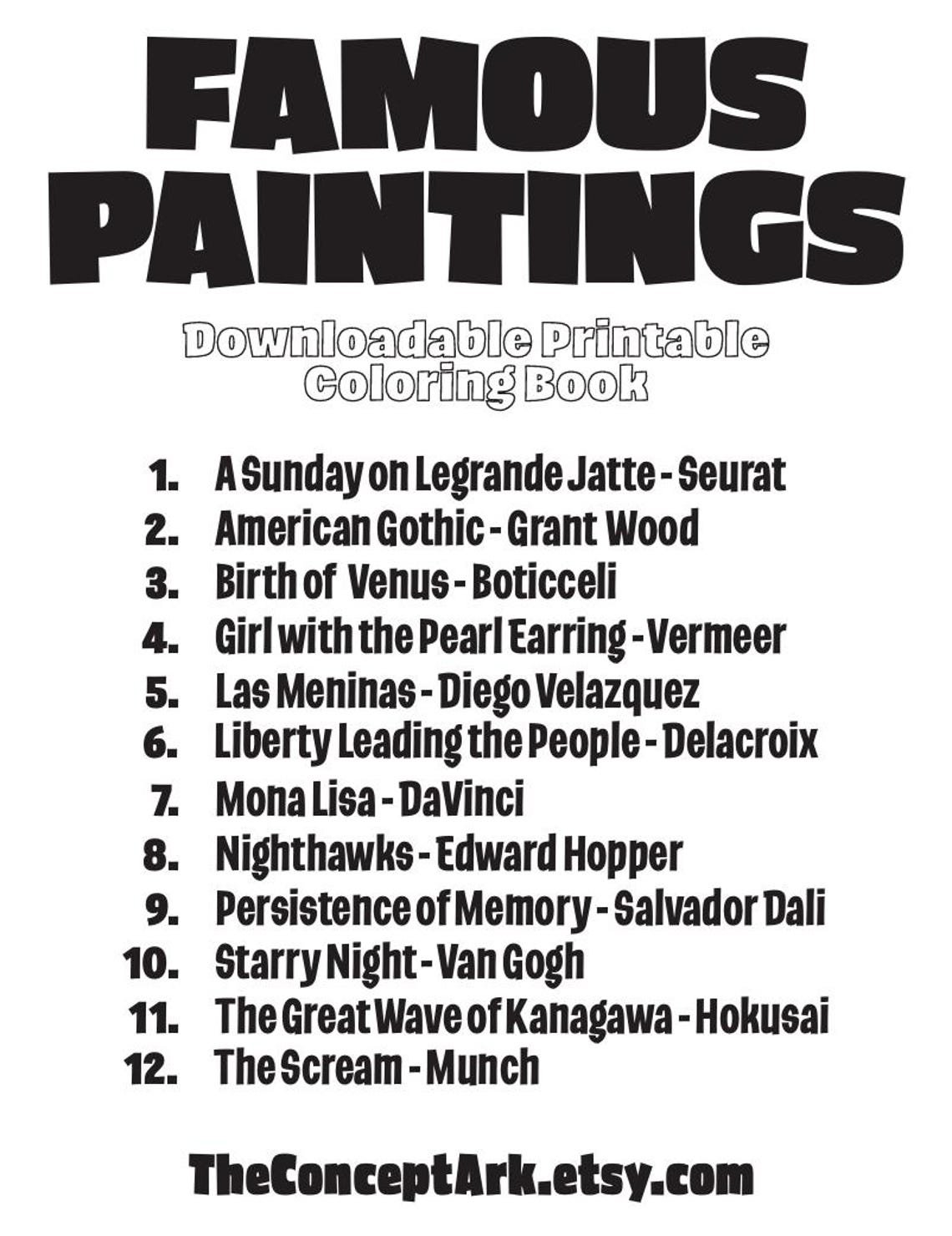 FAMOUS PAINTING Coloring Book 12pg - Downloadable Printable - Etsy