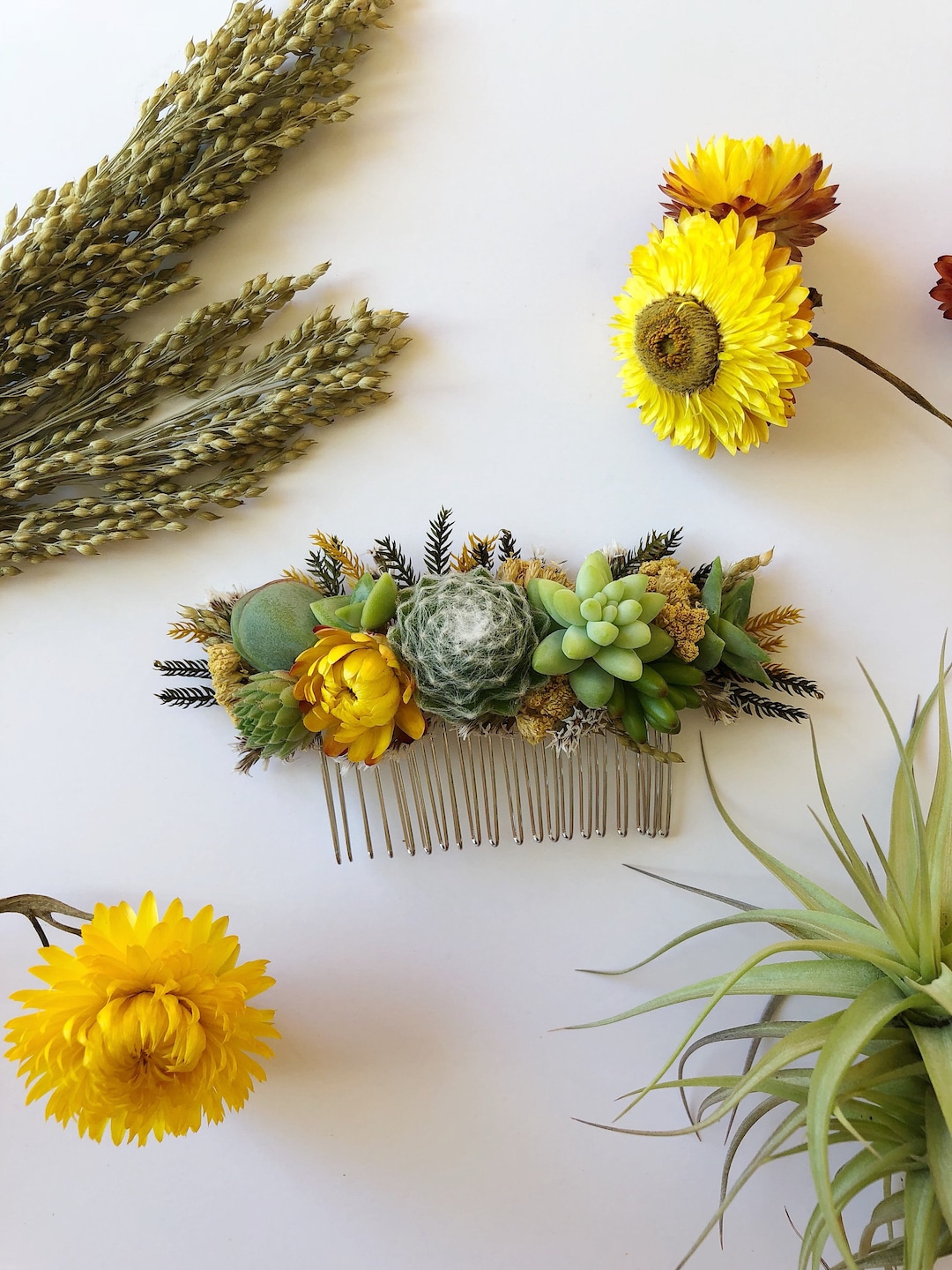 Succulent Hair Comb // Green & Yellow // Hairpiece // Dried Flowers - Etsy